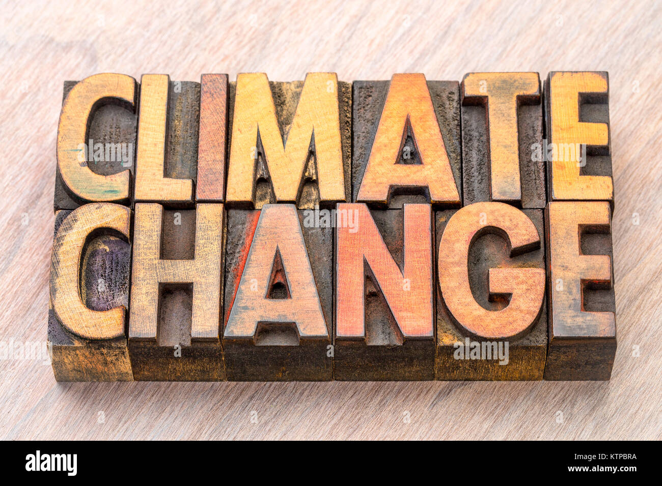climate change concept - words in vintage wooden letterpress printing ...