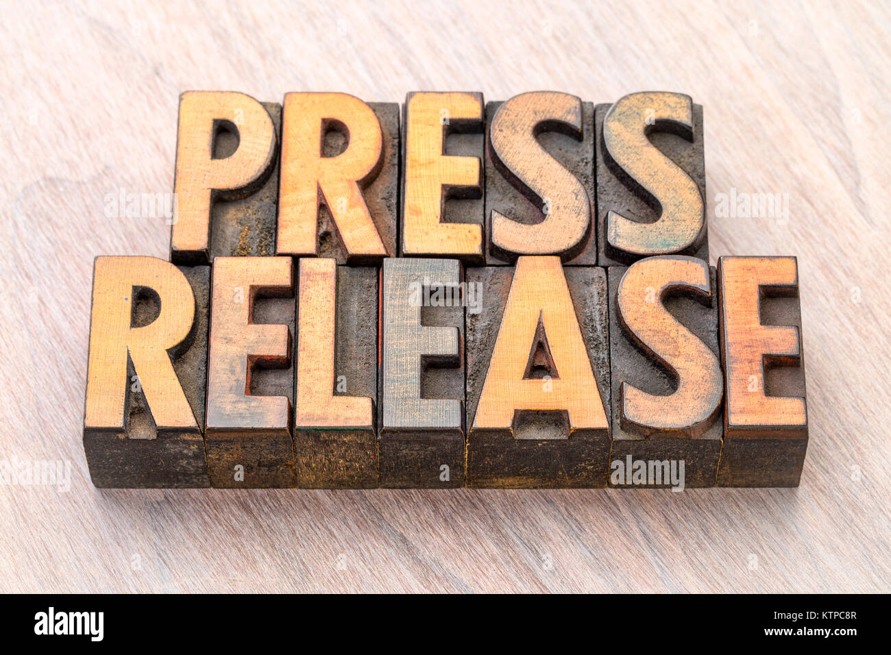 press release word abstract in vintage letterpress wood type Stock ...