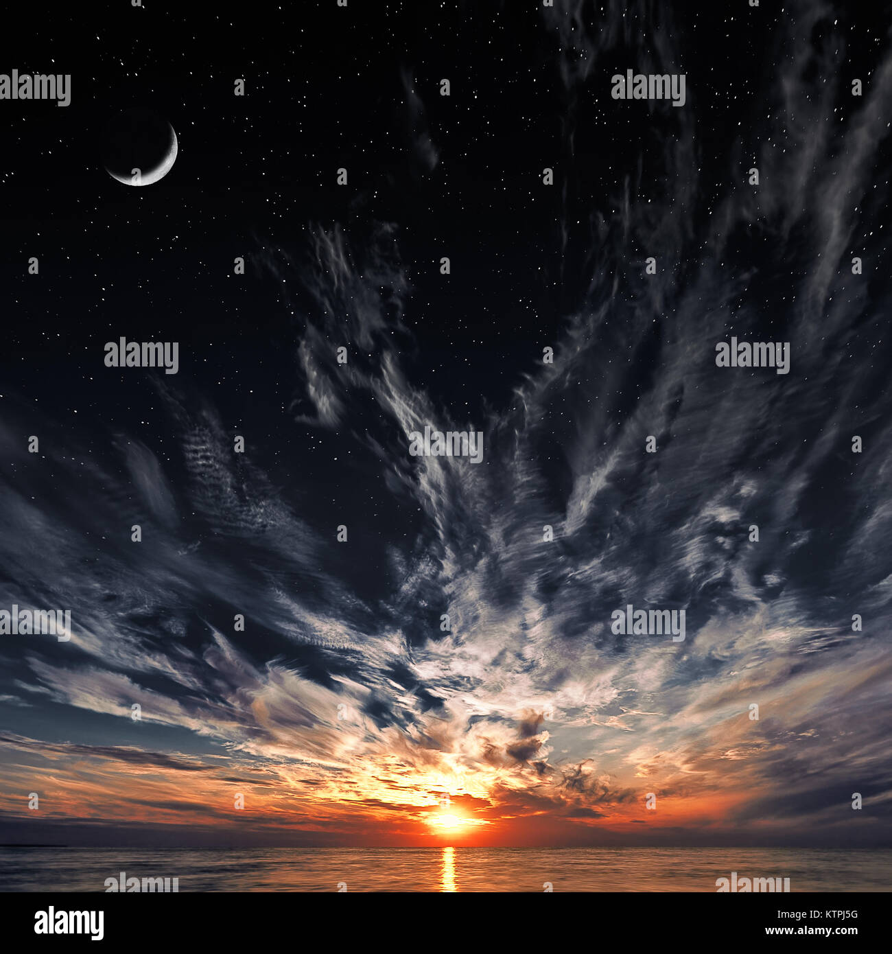 Beautiful sunset, moon and starry sky Stock Photo - Alamy
