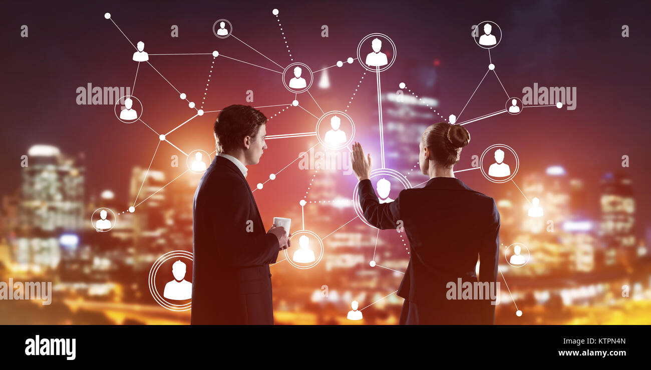 Concept of social connection and networking against night city view and ...