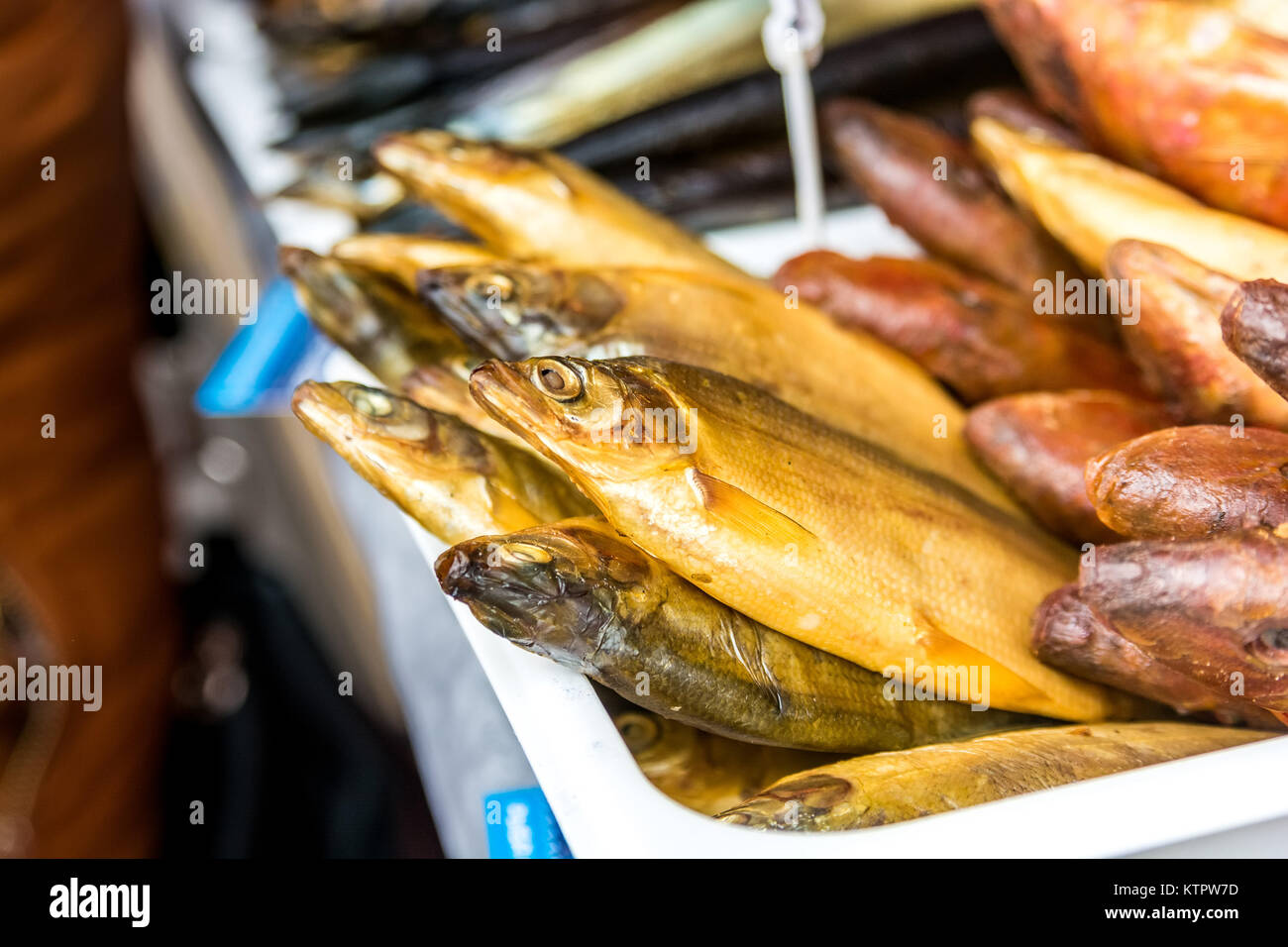 Close up trays with smoked fish in supermarket Stock Photo - Alamy