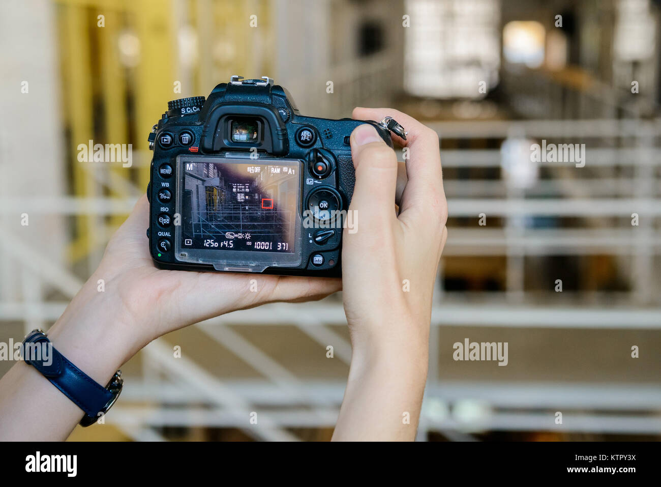Closeup image of professional camera screen in hands of woman taking picture indoors Stock Photo ...