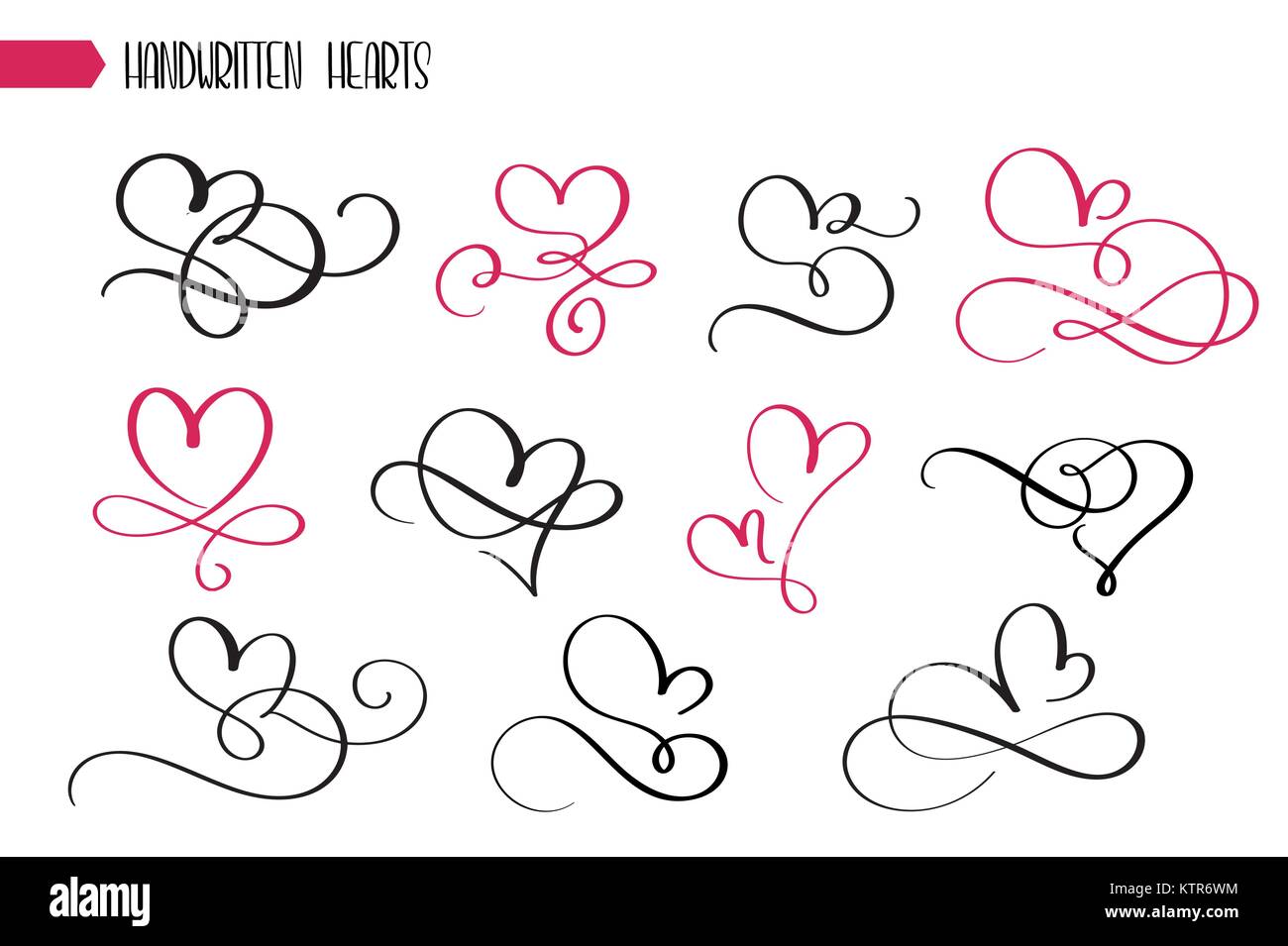 Set of hand drawn sketchy calligraphy hearts. Vector grunge style flourish collection ...