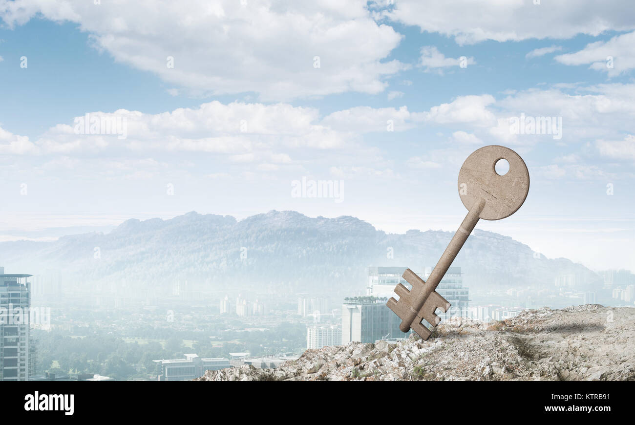 Conceptual background image of concrete key sign and natural landscape ...