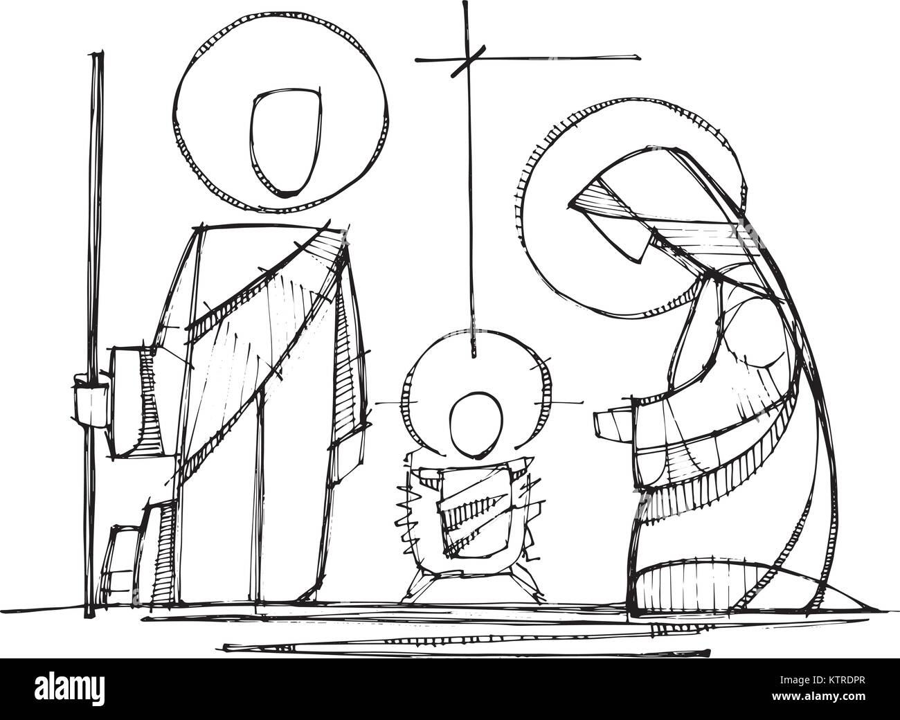 Hand drawn vector ink illustration or drawing of Jesus, Virgin Mary and ...