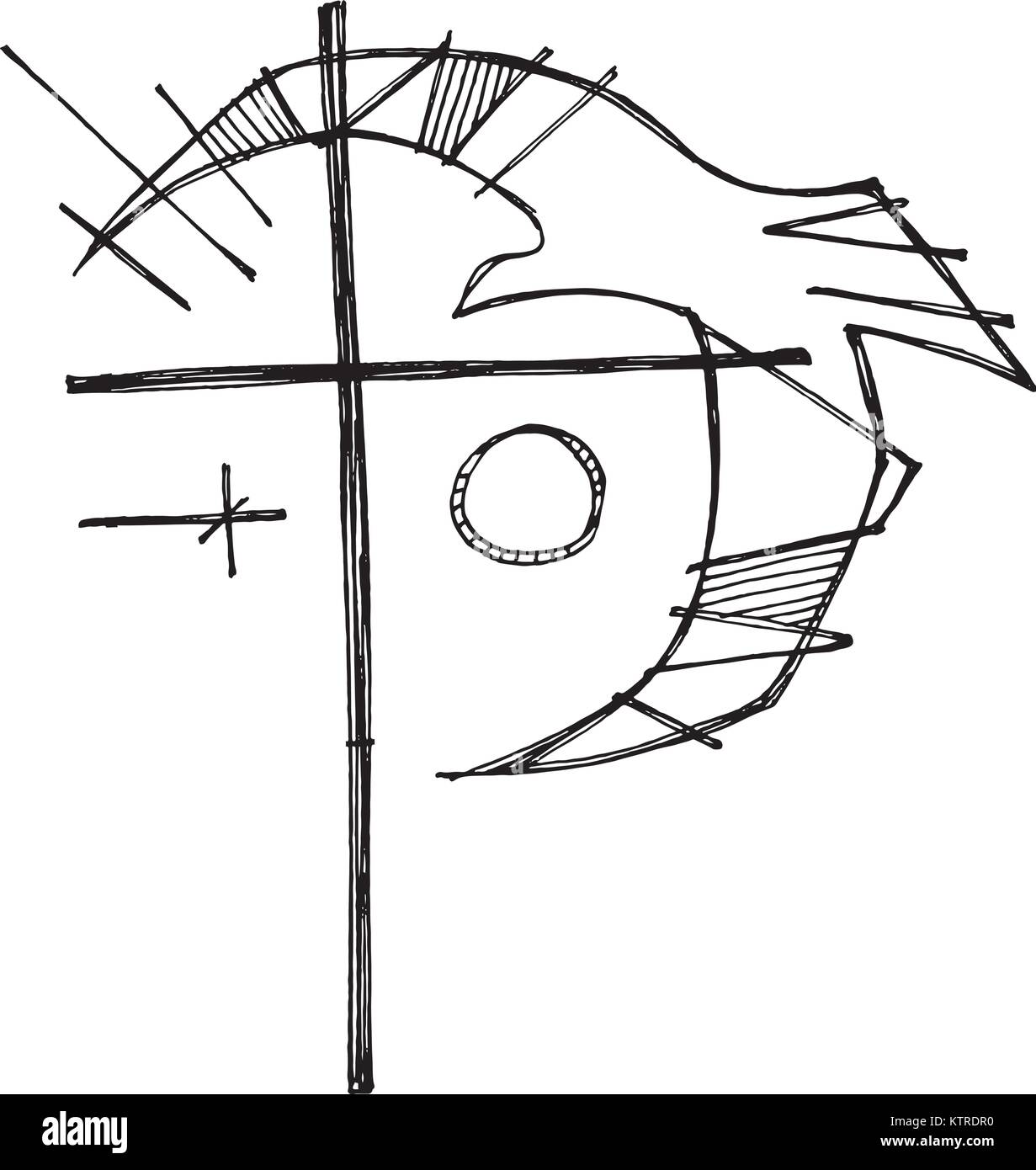 Hand drawn vector ink illustration or drawing of a Christian Cross and ...