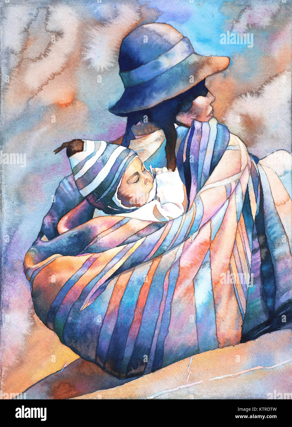 Watercolor painting of traditionally dressed Quechua woman in the Plaza ...