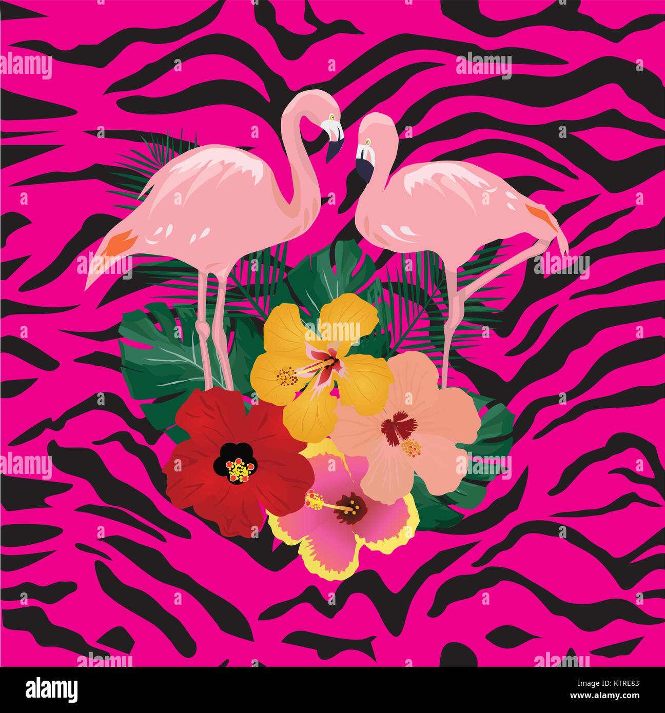 vector illustration of pink flamingos, tropical flowers on pink zebra ...
