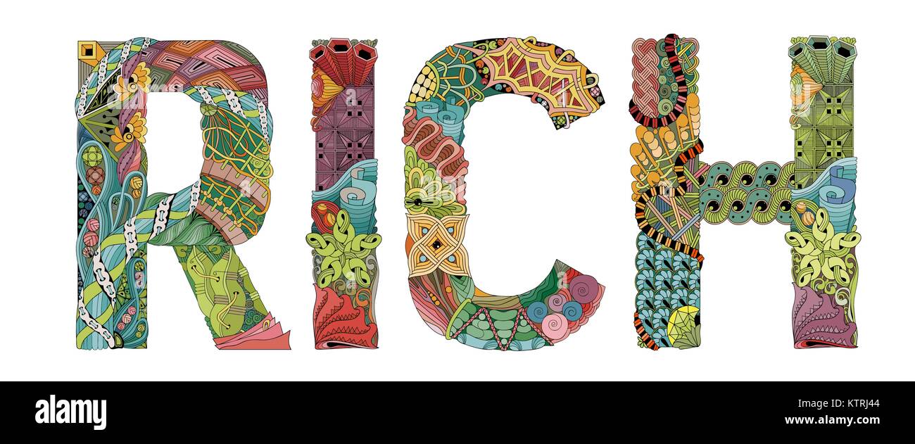 Hand-painted art design. Hand drawn illustration word RICH for t-shirt ...