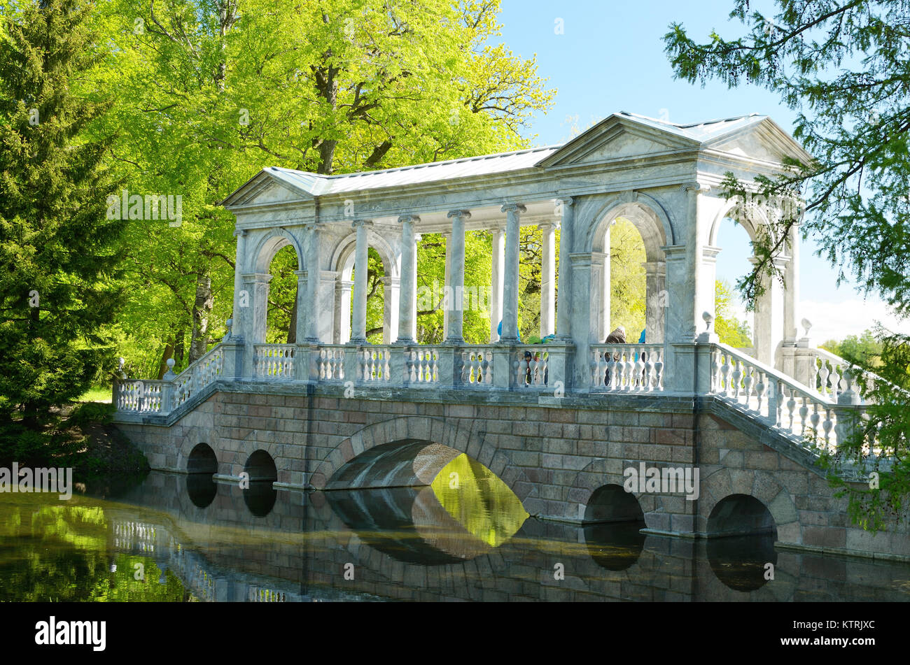 04.06.2017.Russia.Pushkin.Marble bridge is reflected on the surface of ...