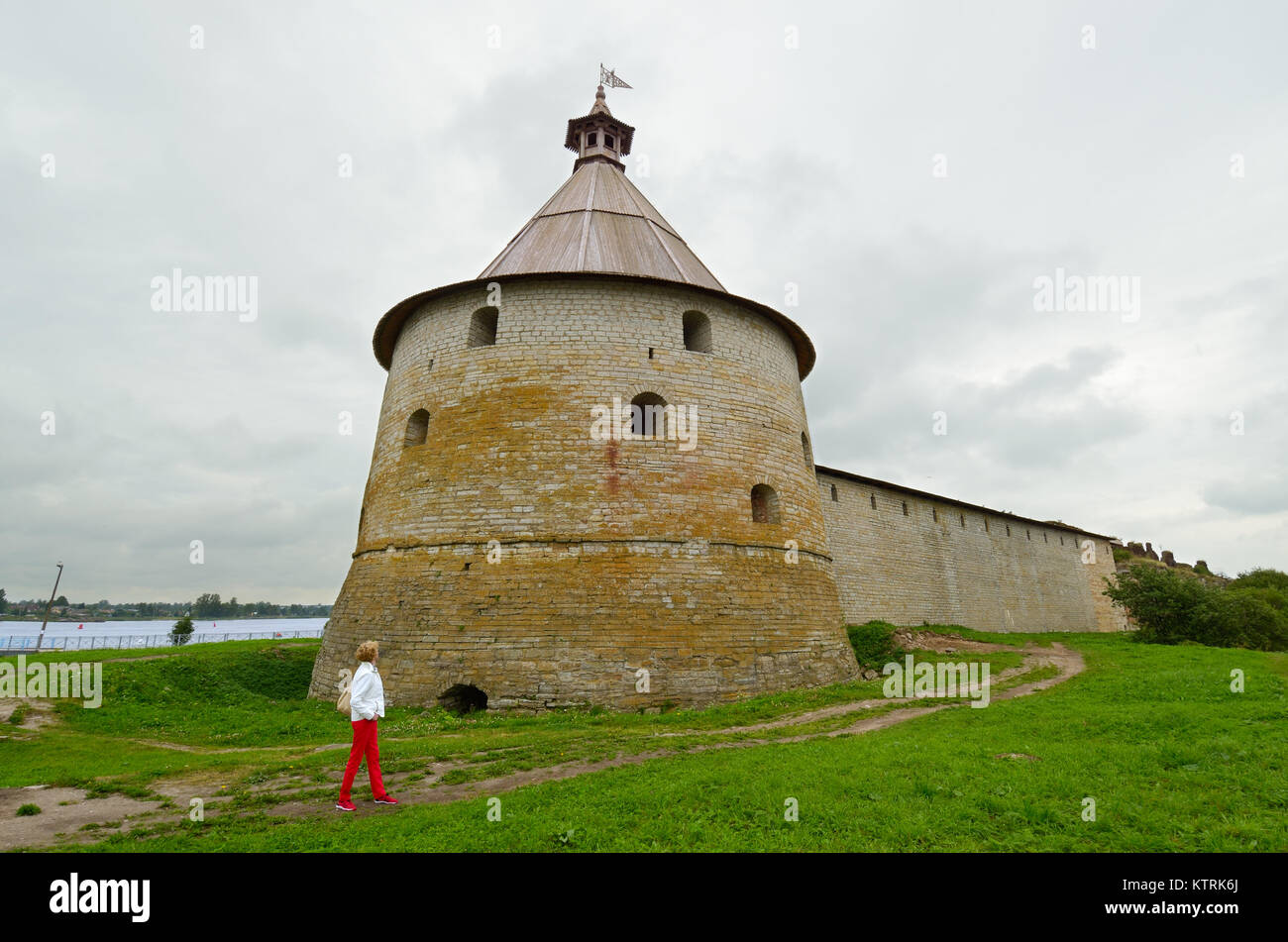 The ancient fortress with high towers standing on the island Stock ...