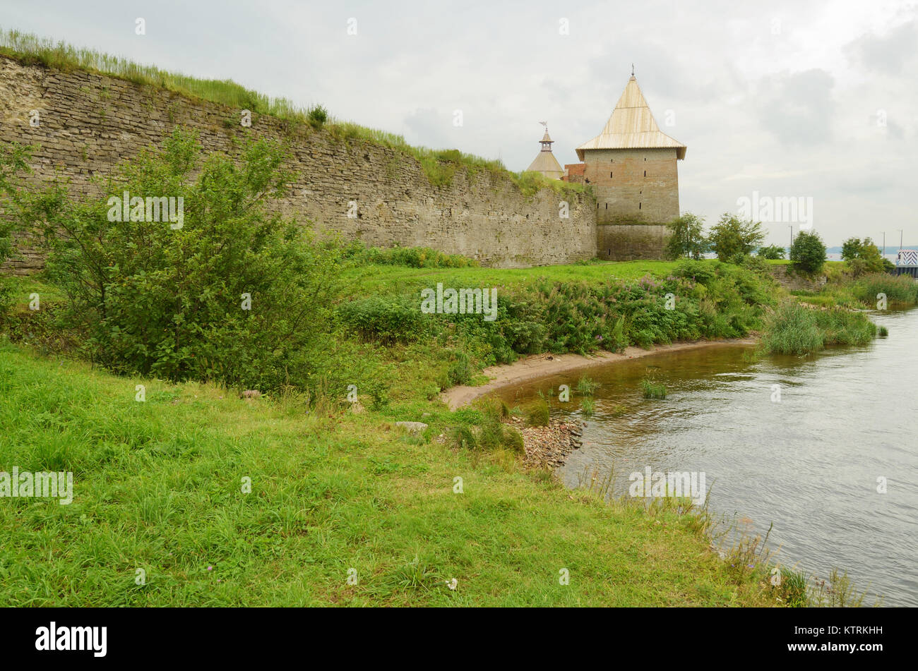 The ancient fortress with high towers standing on the island Stock ...