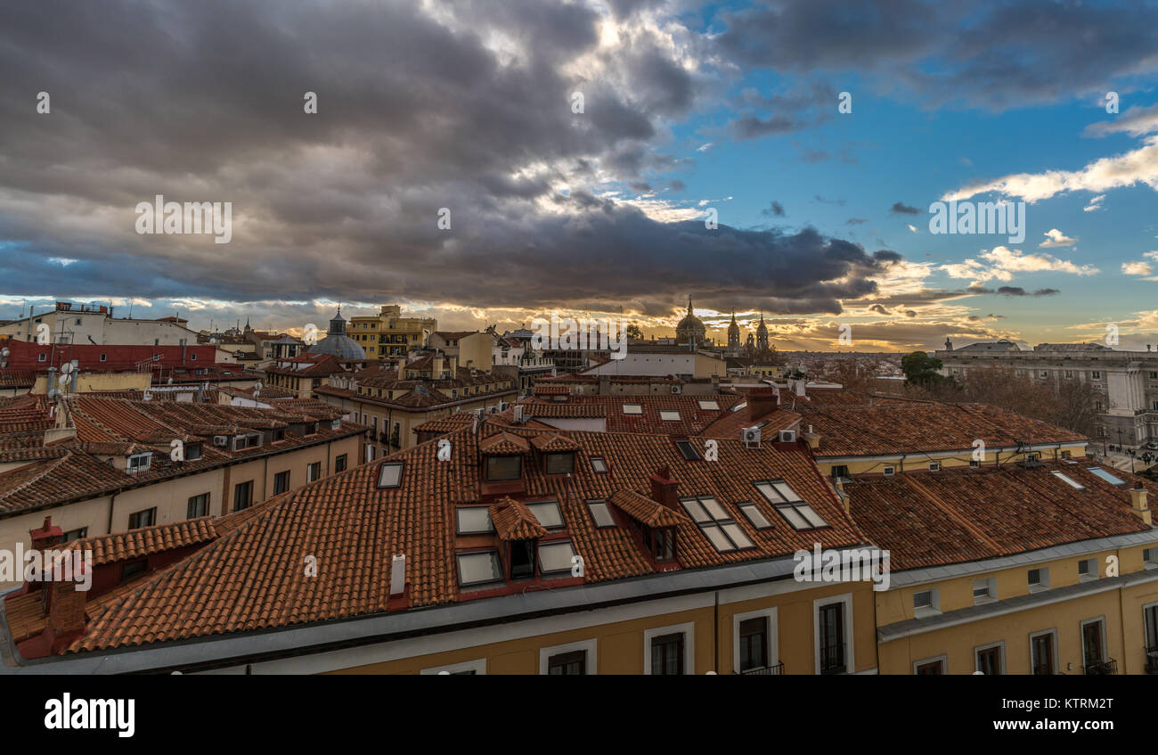 Sunset skyline downtown old city of Madrid with some clouds, Almudena ...