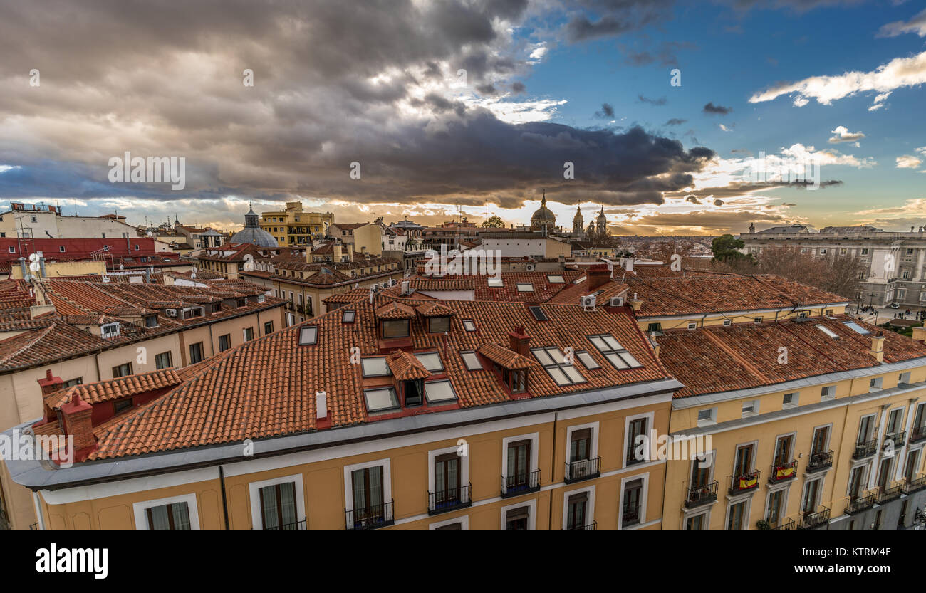 Sunset skyline downtown old city of Madrid with some clouds, Almudena ...