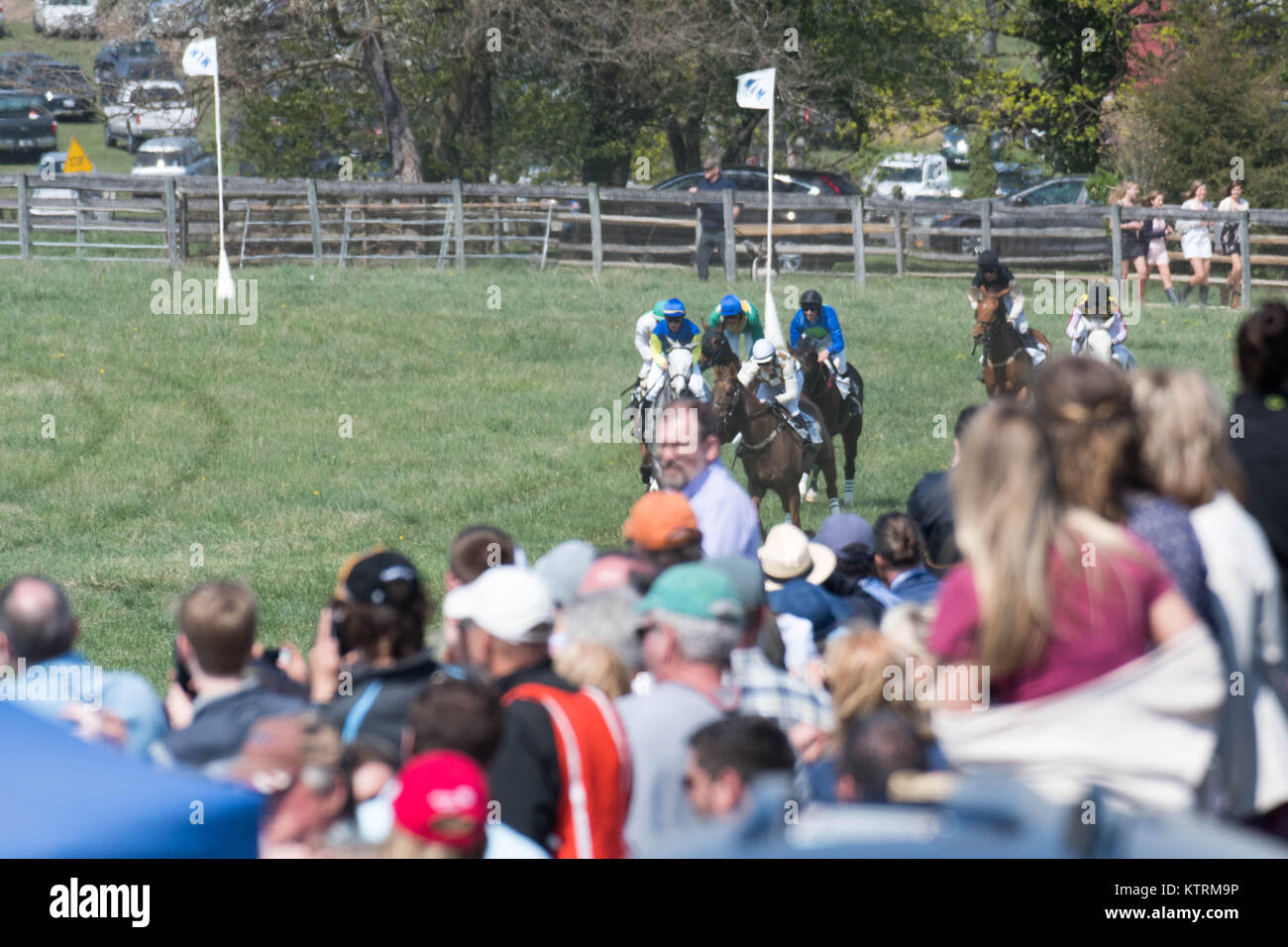 Spectators gaze on in excitement as the race horses speed around the ...