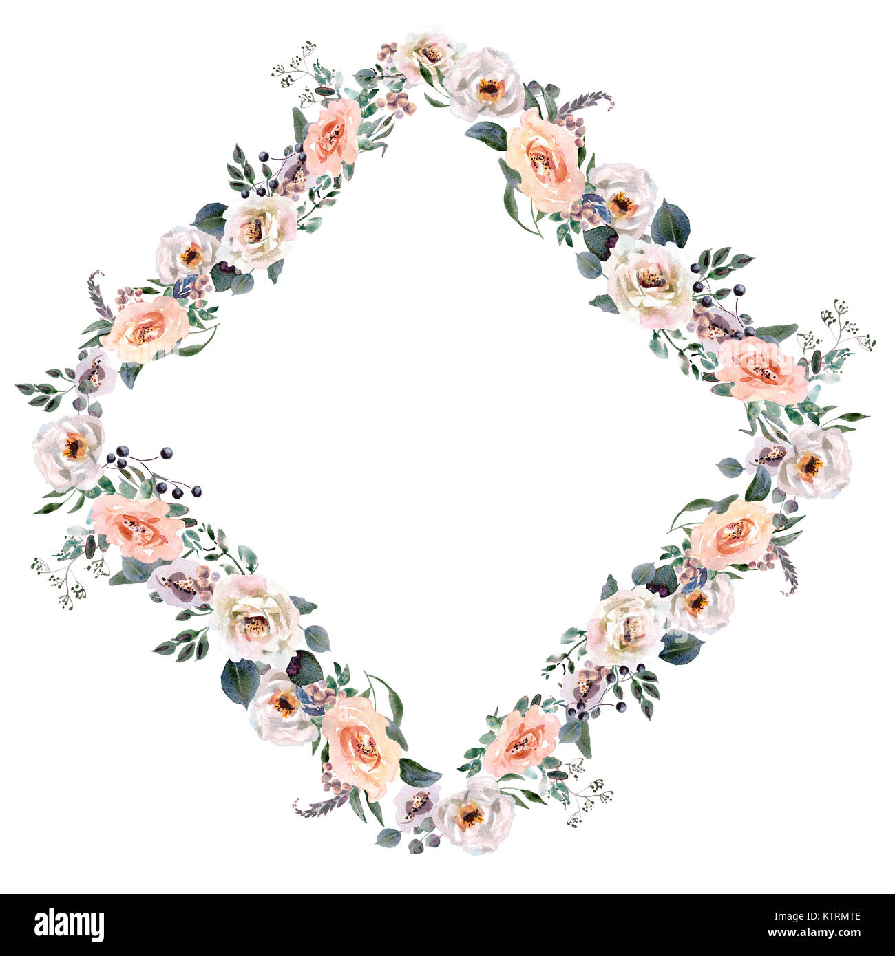 Hand drawing watercolor Wedding frame wreath green and purple flowers ...