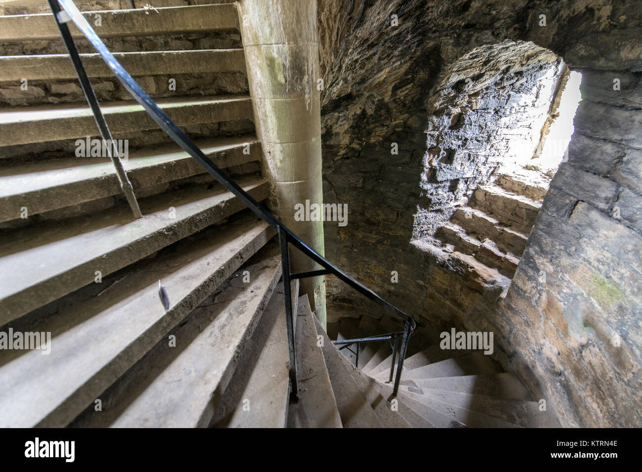 Worn spiraling staircase at Middleham Castle, Wensleydale, in the ...