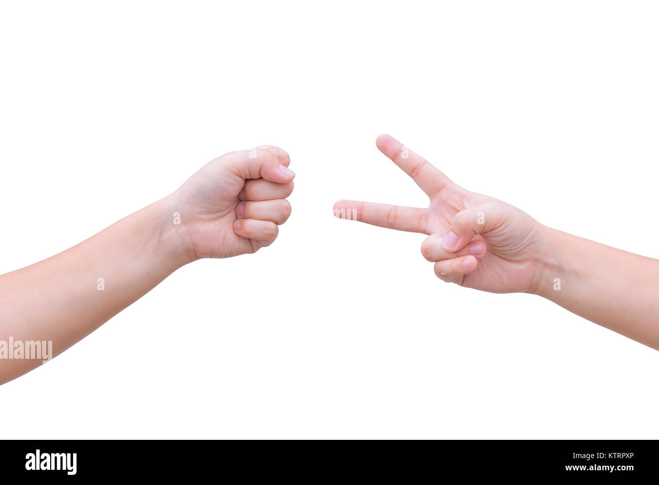 two hands playing rock paper scissors isolated on white Stock Photo - Alamy