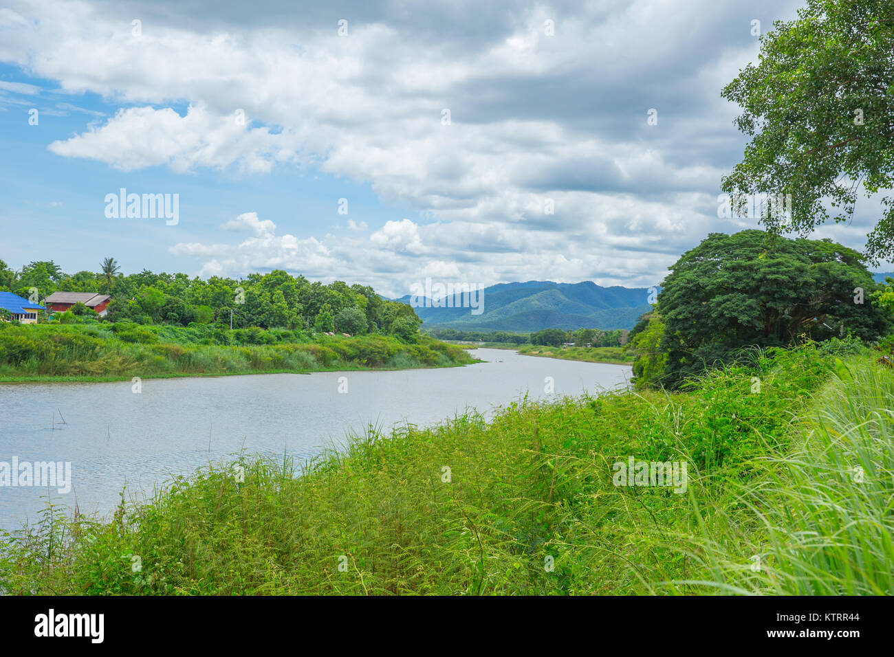 Thai rural countryside beautiful landscape of river mountain blue sky ...