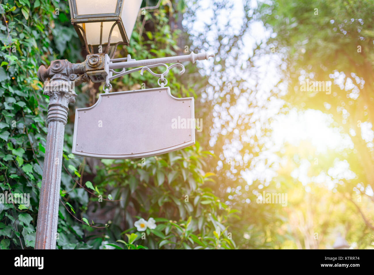 empty shop banner metal plate old retro style with garden tree sunlight ...