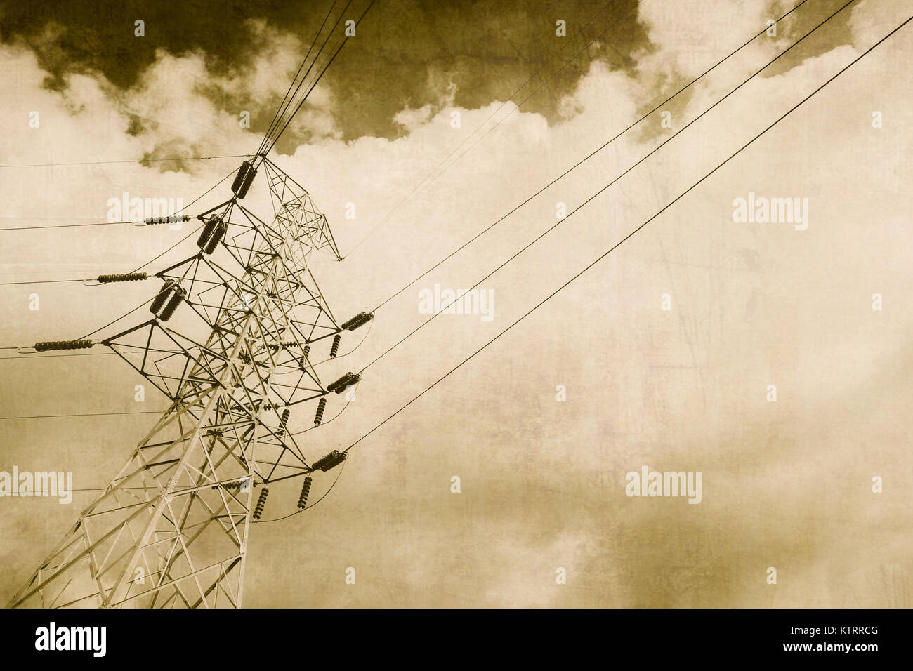 High voltage electricity power line vintage color tone with old grunge ...