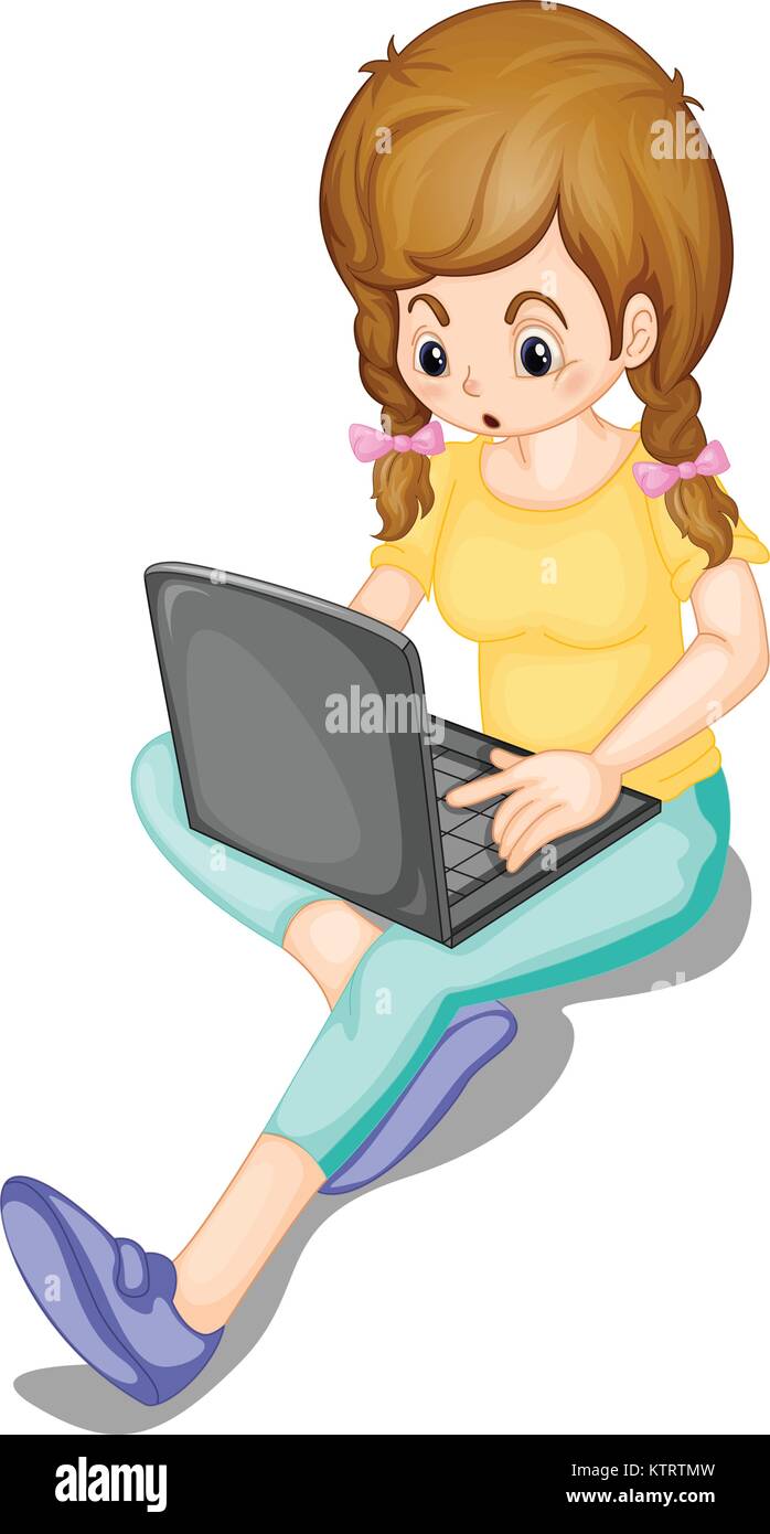 illustration of a girl and laptop on a white background Stock Vector ...