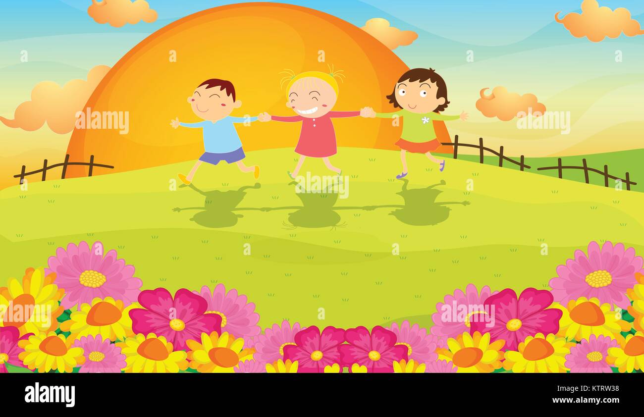 illustration of kids and landscape in a beautiful nature Stock Vector ...