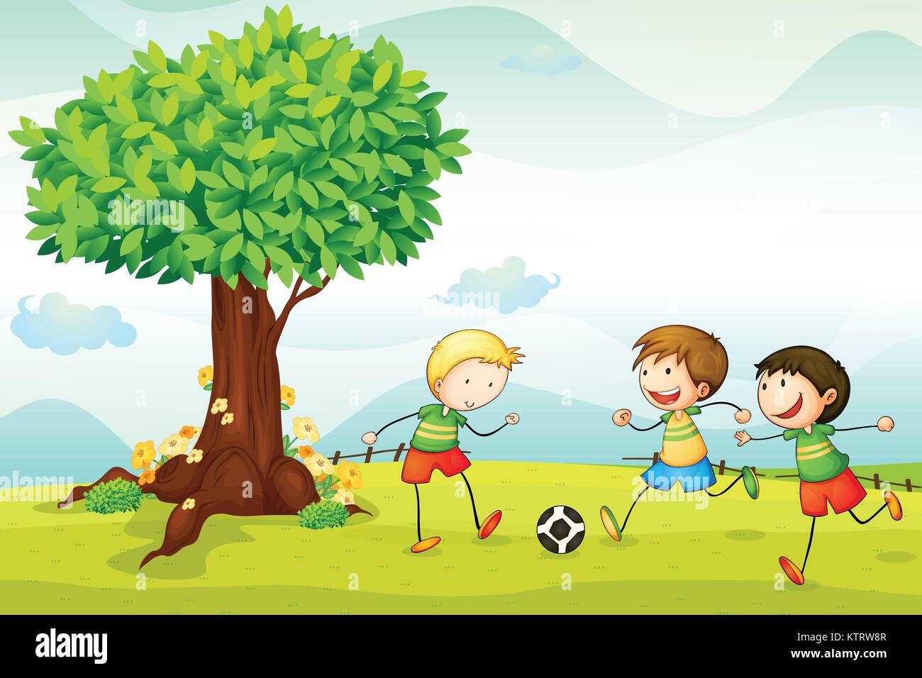 illustration of kids playing football in a nature Stock Vector Image ...