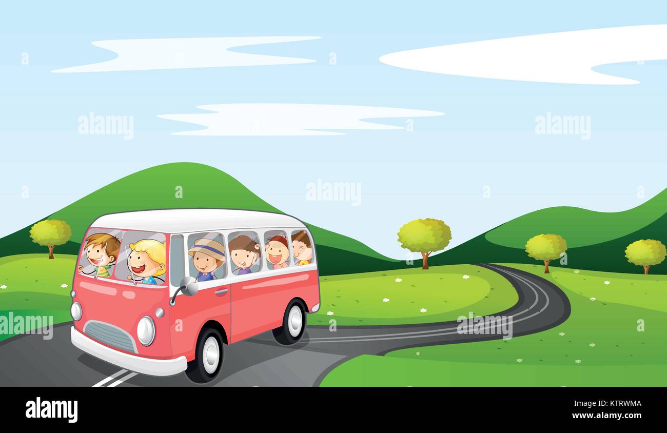 illustration of a bus and road in a beautiful nature Stock Vector Image ...