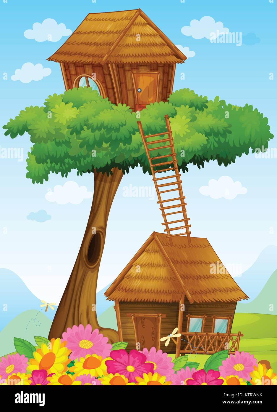 illustration of a tree house on a blue background Stock Vector Image ...