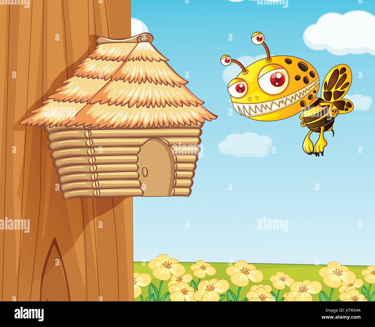 illustration of a honey bee and a wooden house in nature Stock Vector ...