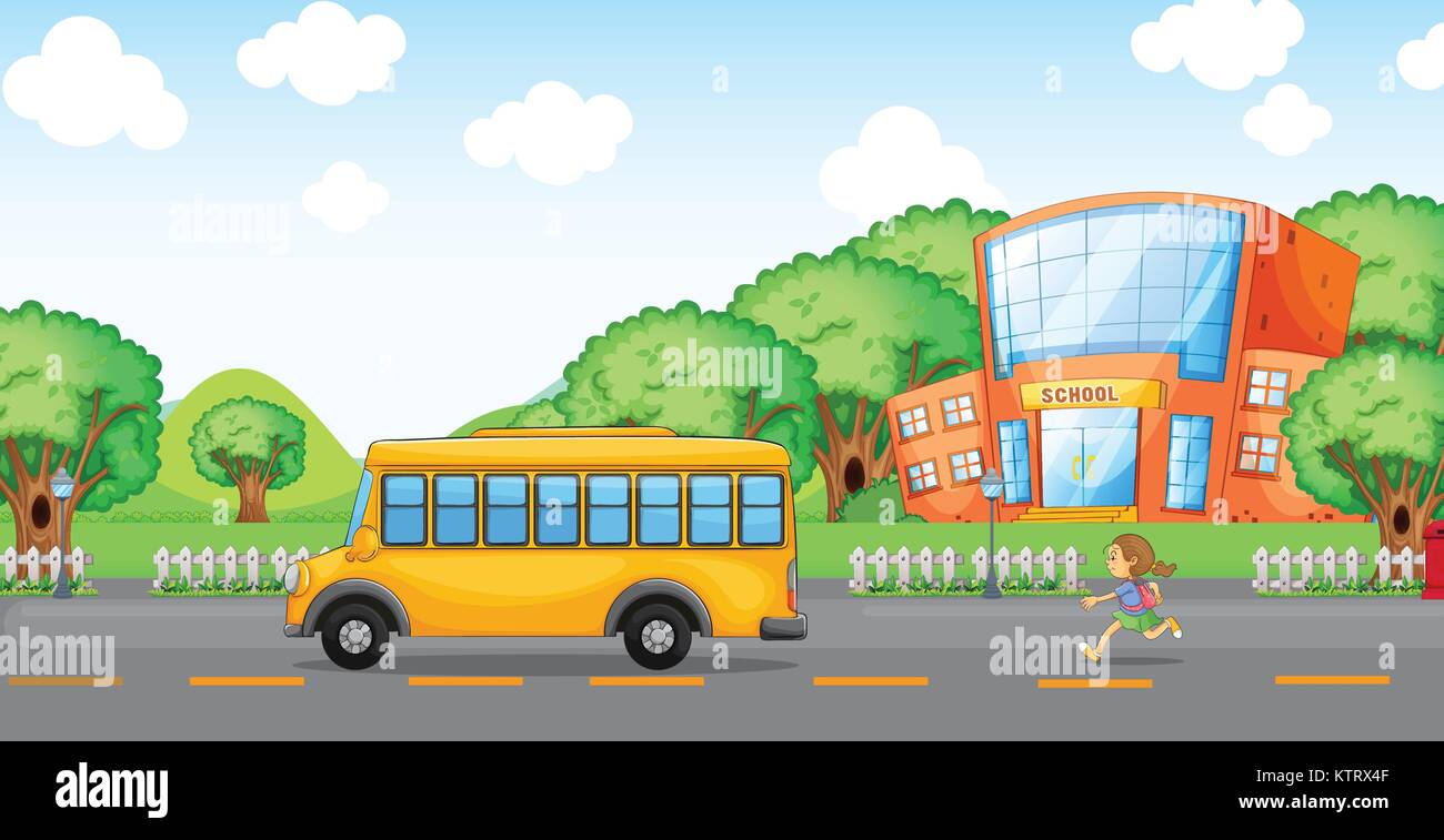 illustration of a girl running behind school bus infront of school ...