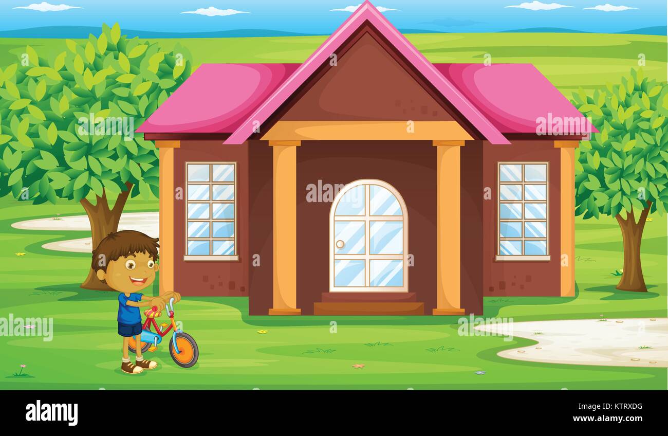 illustration of a boy infront of house Stock Vector Image & Art - Alamy