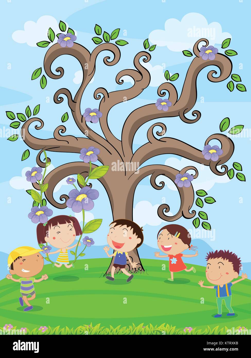 illustration of kids under a artistic tree Stock Vector Image & Art - Alamy
