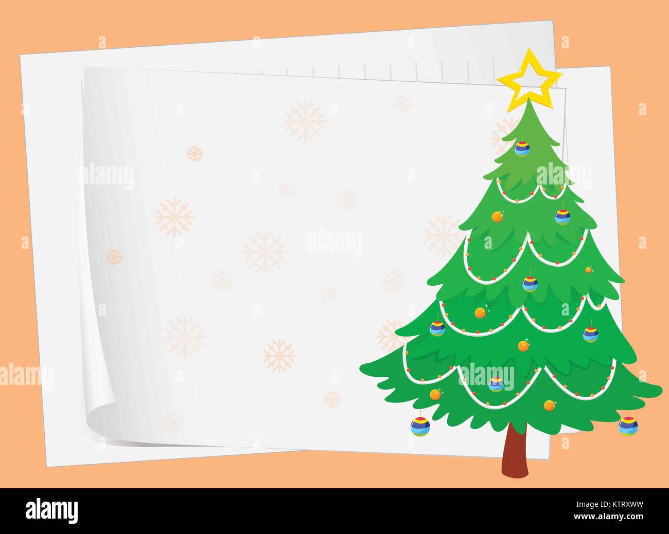 illustration of paper sheets and a christmas tree on a color background ...