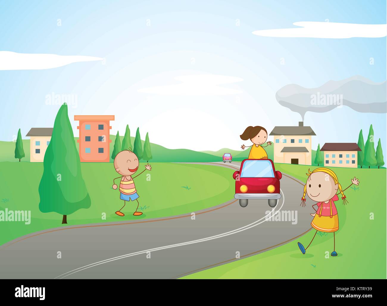 illustration of kids, a car and a road in a beautiful nature Stock ...