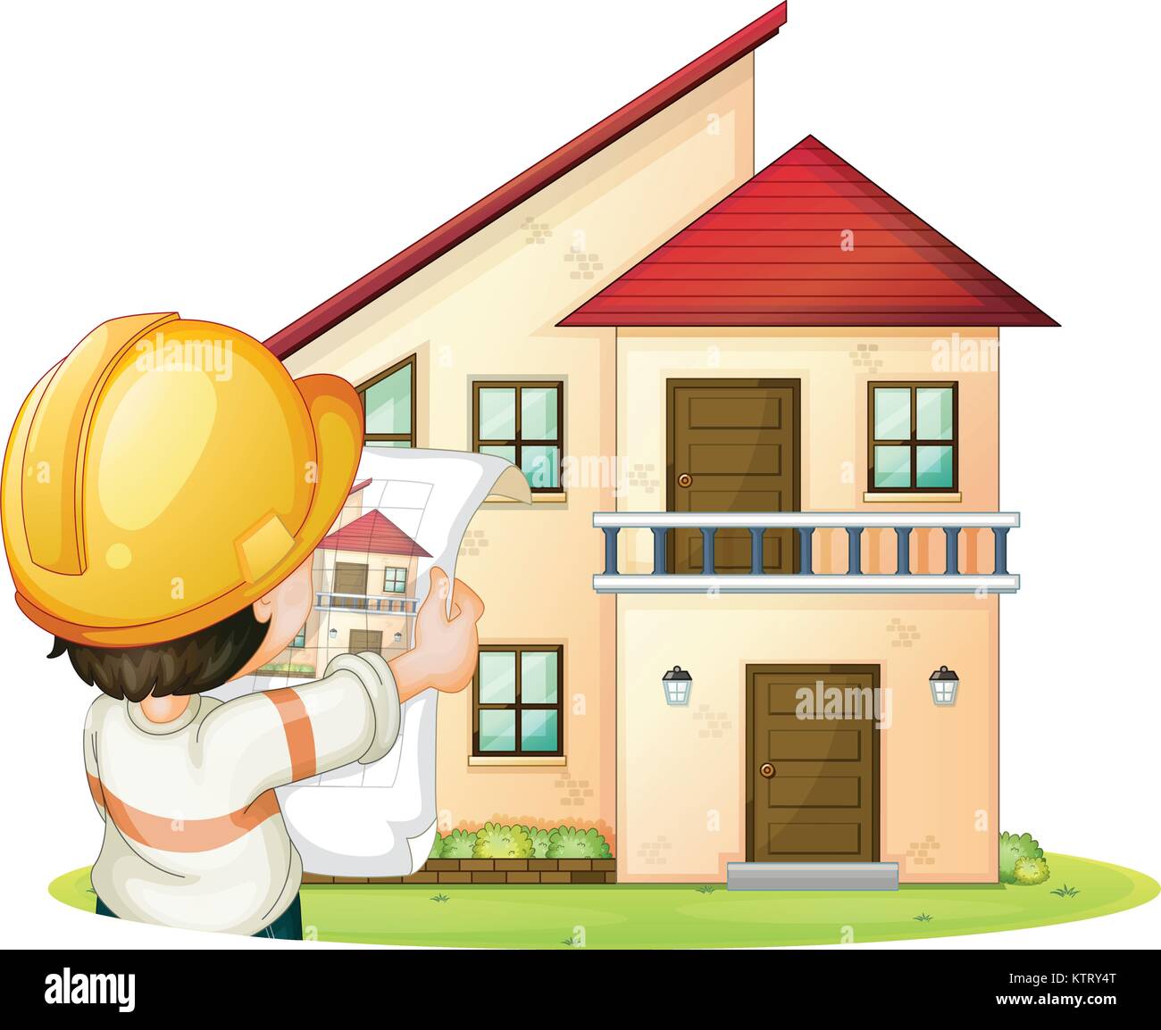 illustration of a a building and engineer on white background Stock ...