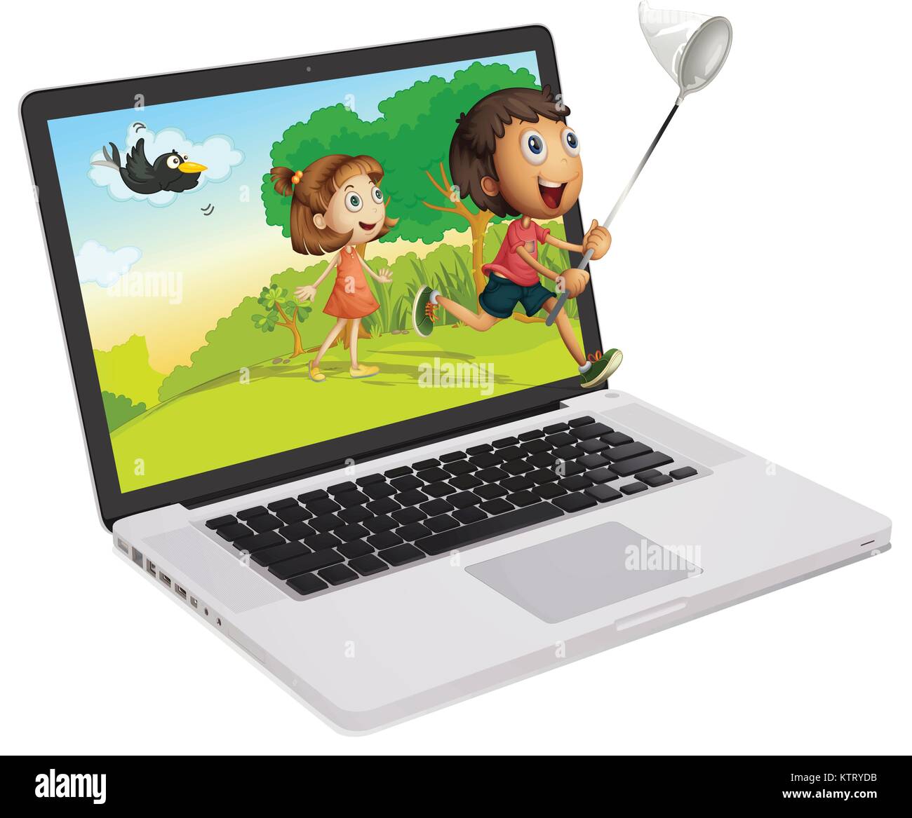 illustration of a laptop and kids on a white background Stock Vector ...