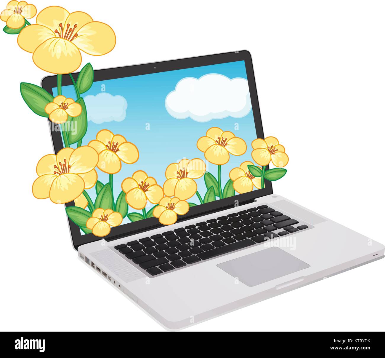 illustration of a laptop and flowers on a white background Stock Vector ...