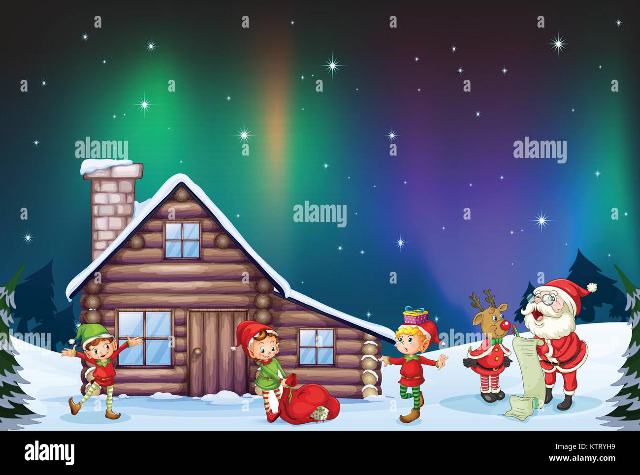 illustration of santa clause, kids and reindeer in nature Stock Vector ...