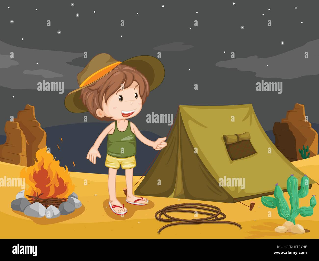 Illustration of boy camping in the desert Stock Vector Image & Art - Alamy