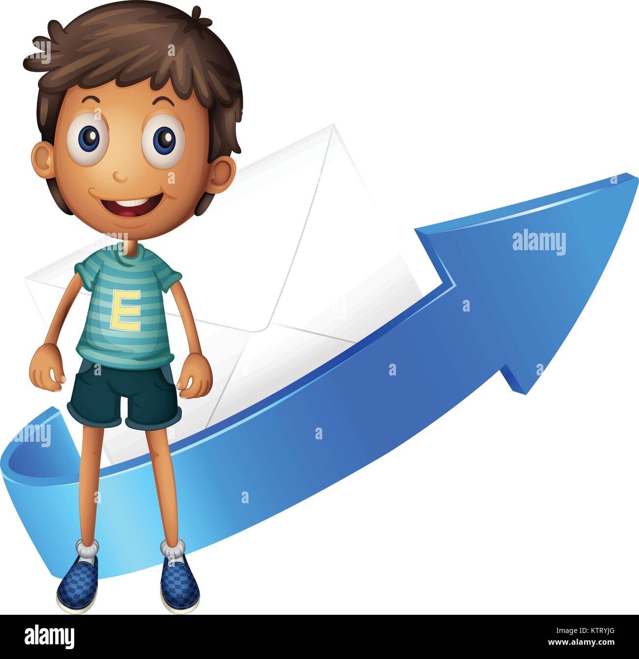 illustration of a boy, arrow and envelop on a white background Stock ...