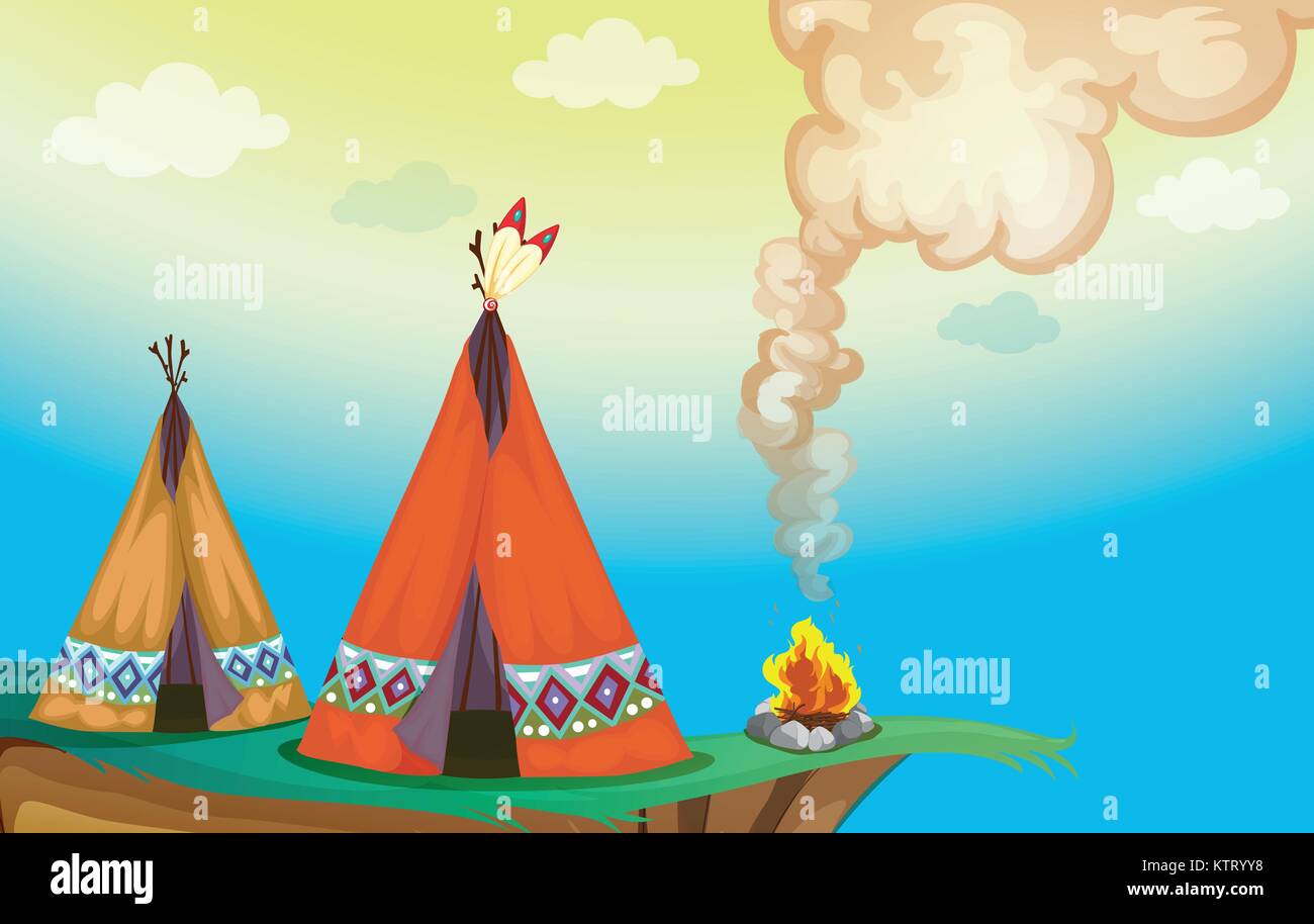 illustration of a tent house and fire in a beautiful nature Stock ...