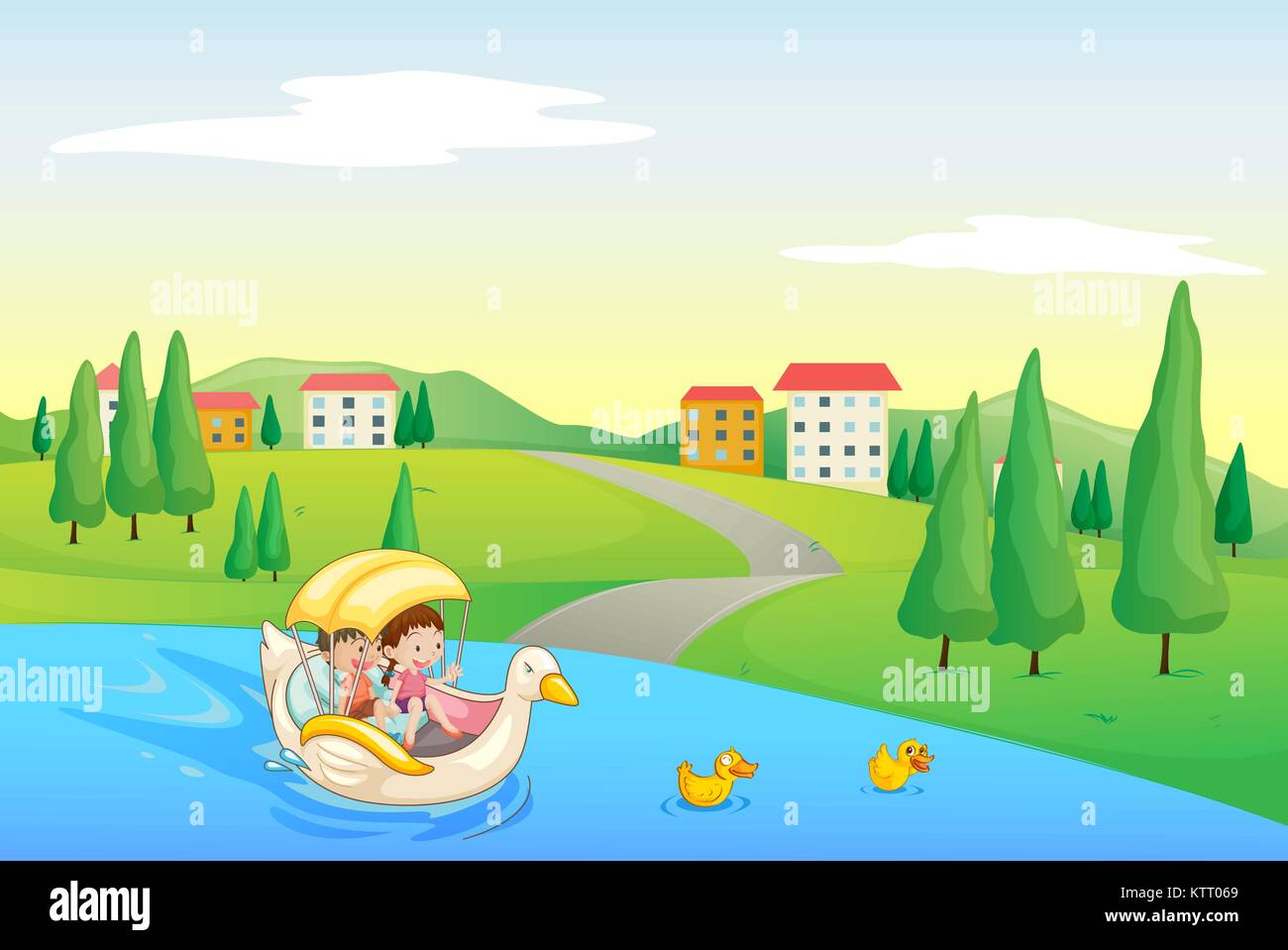 illustration of a river and kids in a beautiful nature Stock Vector ...