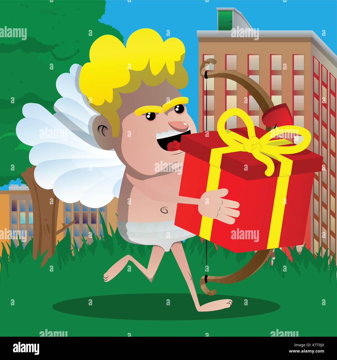 Cupid running with gift box, with bow and arrow in his hand. Vector ...
