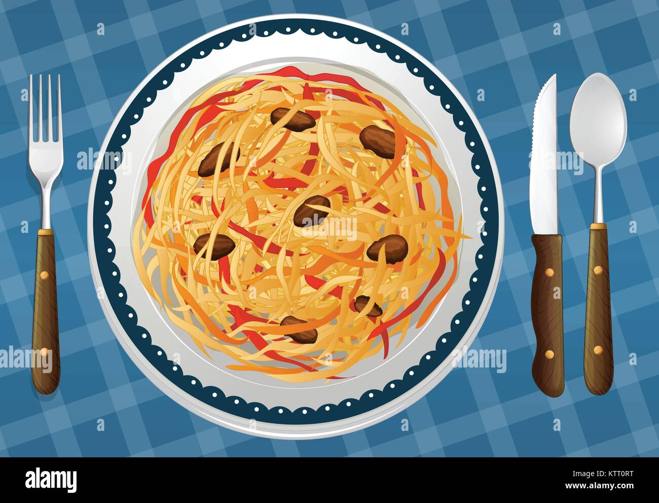 illustration of a food and a dish on a blue placemat Stock Vector Image ...