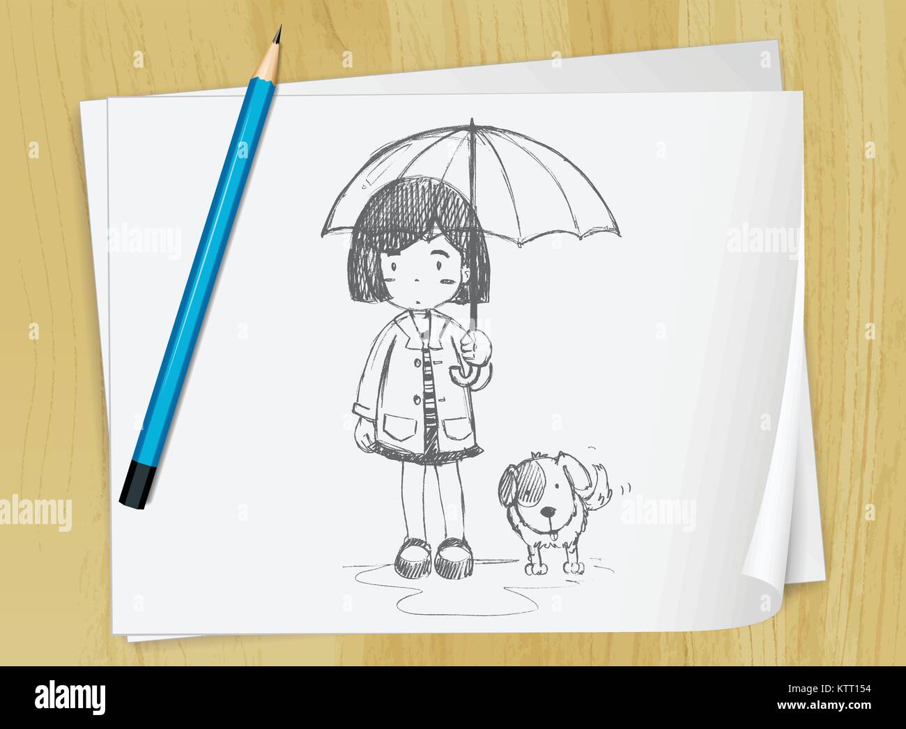 Realistic illustration of a sketch of a girl on a piece of paper Stock ...