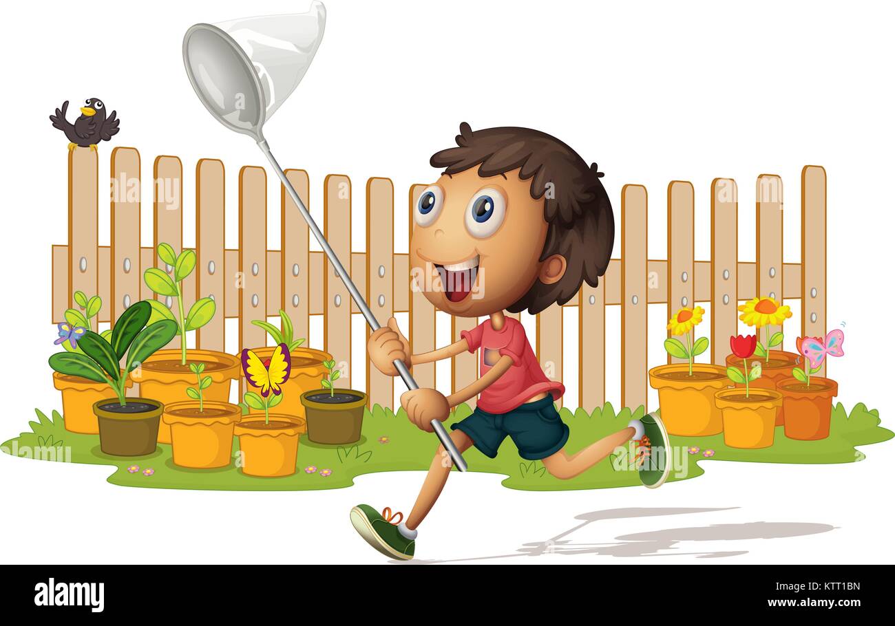 illustrtion of a boy catching butterflies on white Stock Vector Image ...