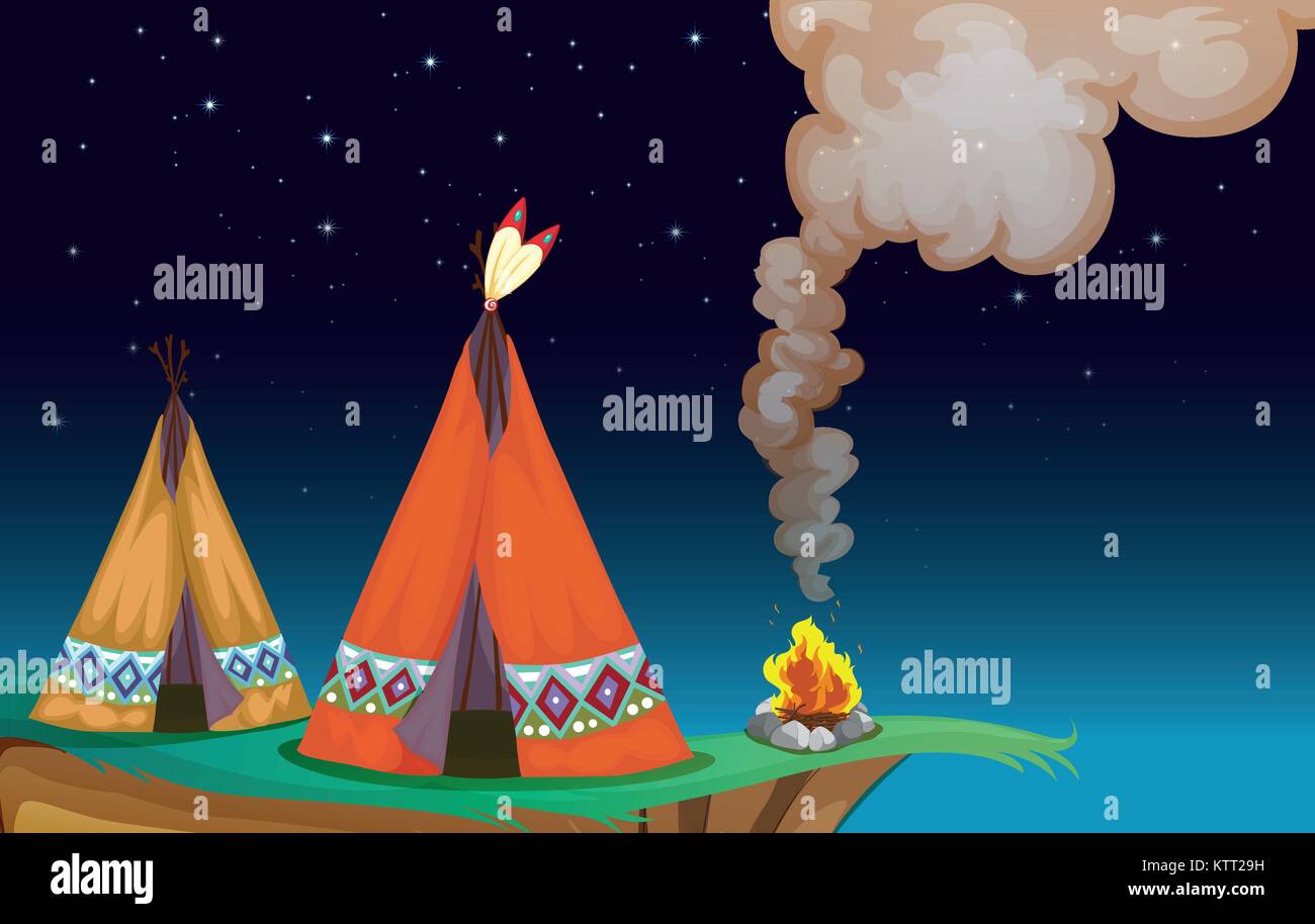 illustration of a tent house and fire in a dark night Stock Vector ...