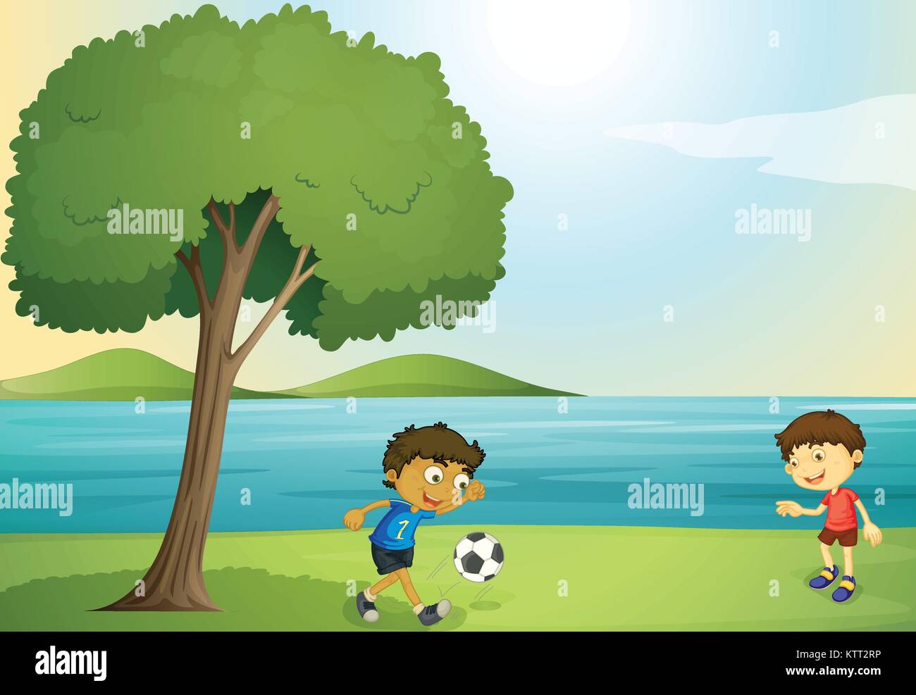 illustration of kids playing football in a beautiful nature Stock ...